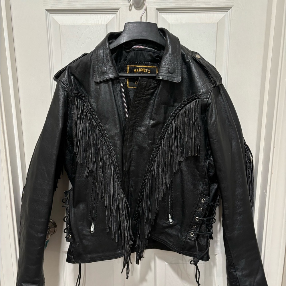 Barney’s Black Leather Biker Jacket With Fringe And Z… - Gem